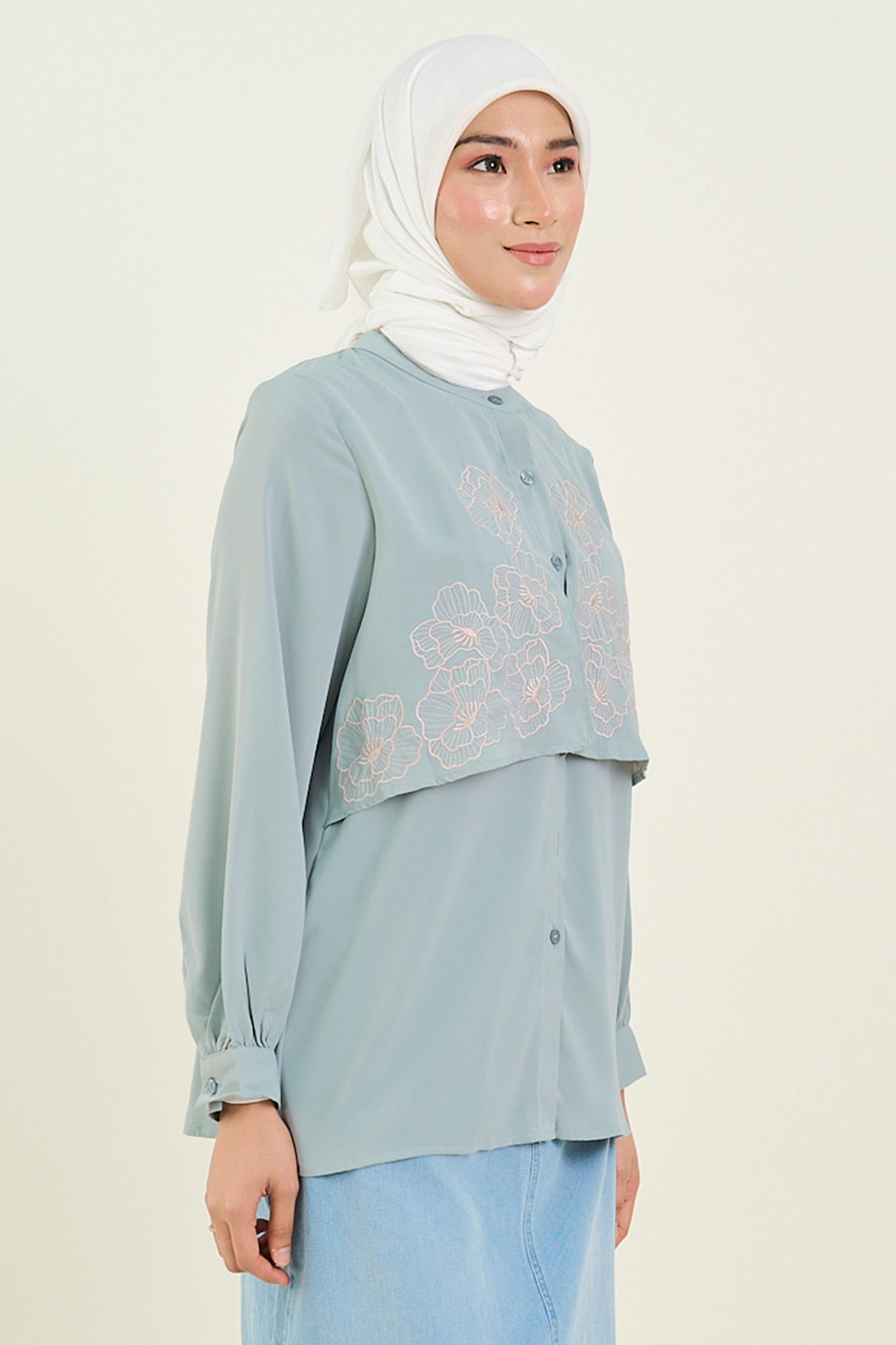 Aurelia Embroidered Blouse Ash Blue - Jasmina