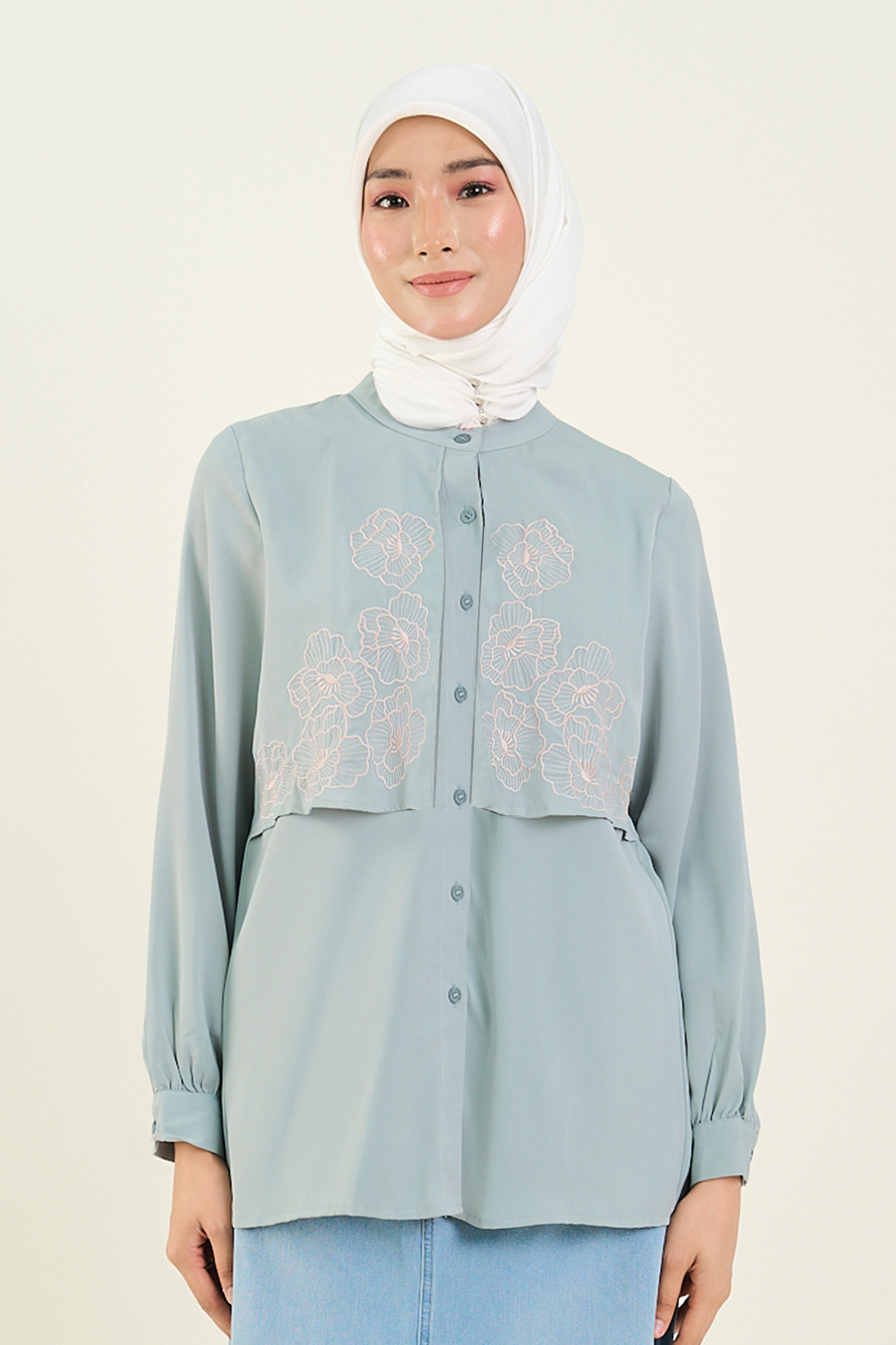 Aurelia Embroidered Blouse Ash Blue - Jasmina